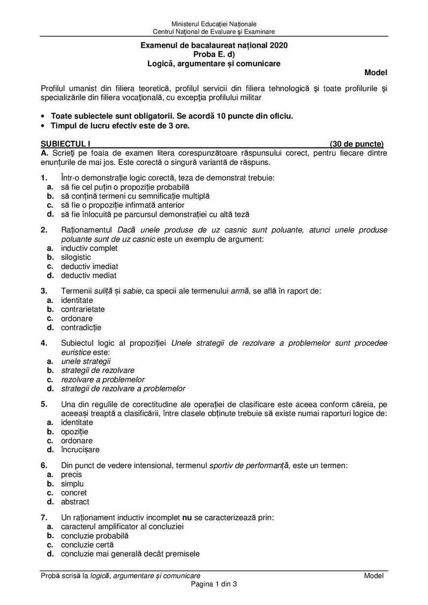 Subiecte și Barem BAC Logică 2020 - Care Sunt Subiectele Din Acest An ...