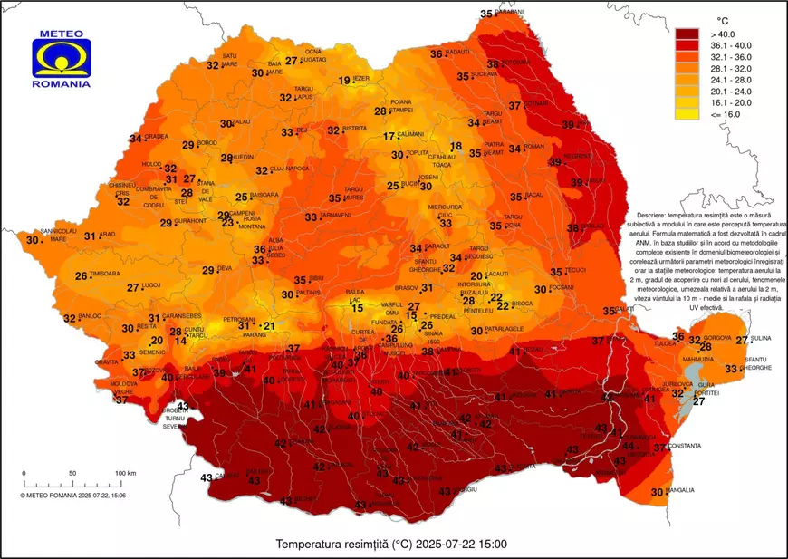 Orașul România în care temperatura resimțită a ajuns la 44 de grade Celsius