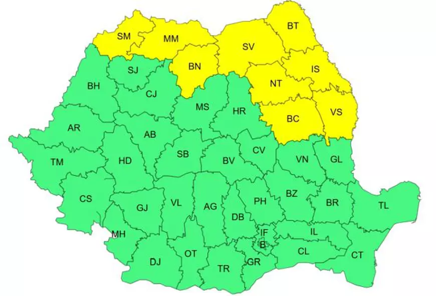 Cod galben de ploi torențiale, grindină și vijelii în mai multe zone ...
